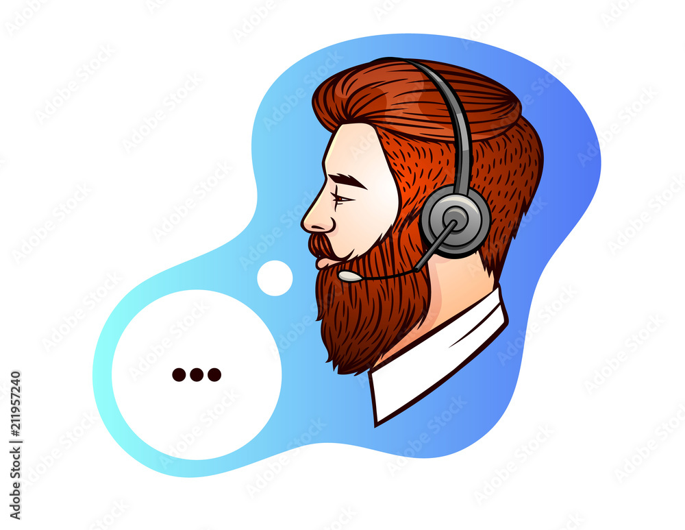 Vector colorful illustration of a young man working in call center ...