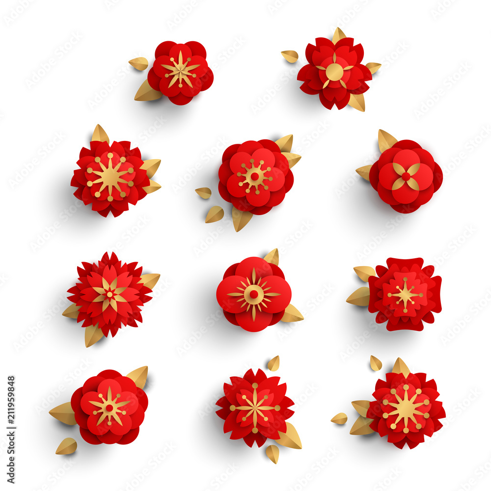 Red paper cut flowers Stock Vector | Adobe Stock