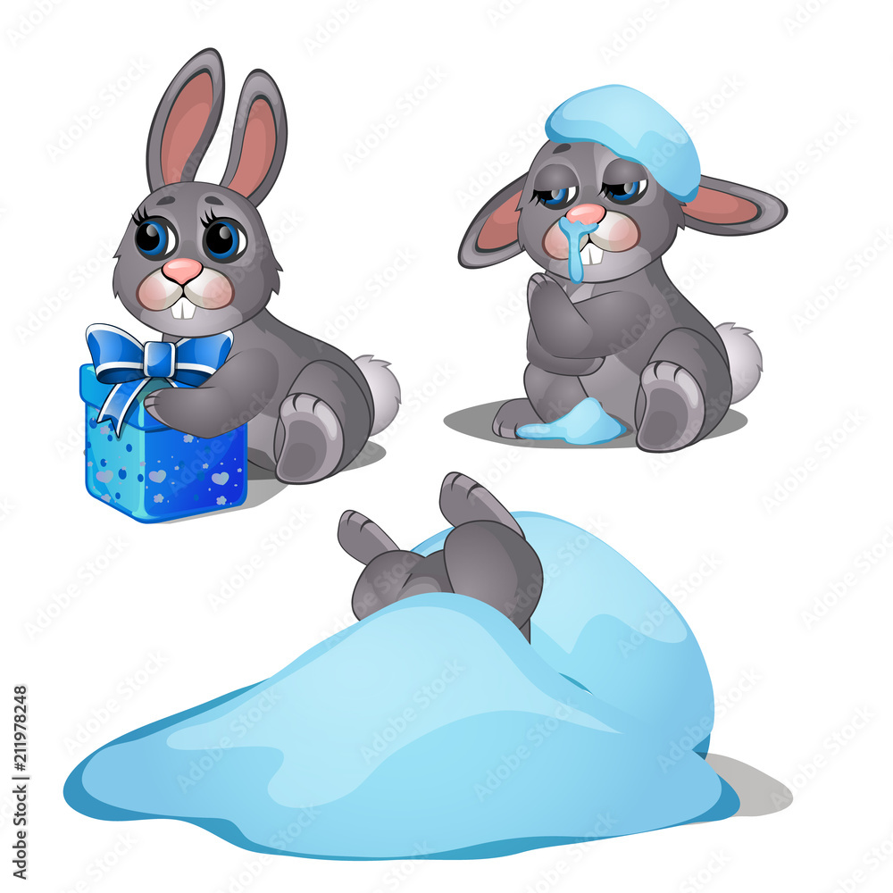 Set of cute grey bunnies isolated on white background. Vector cartoon ...