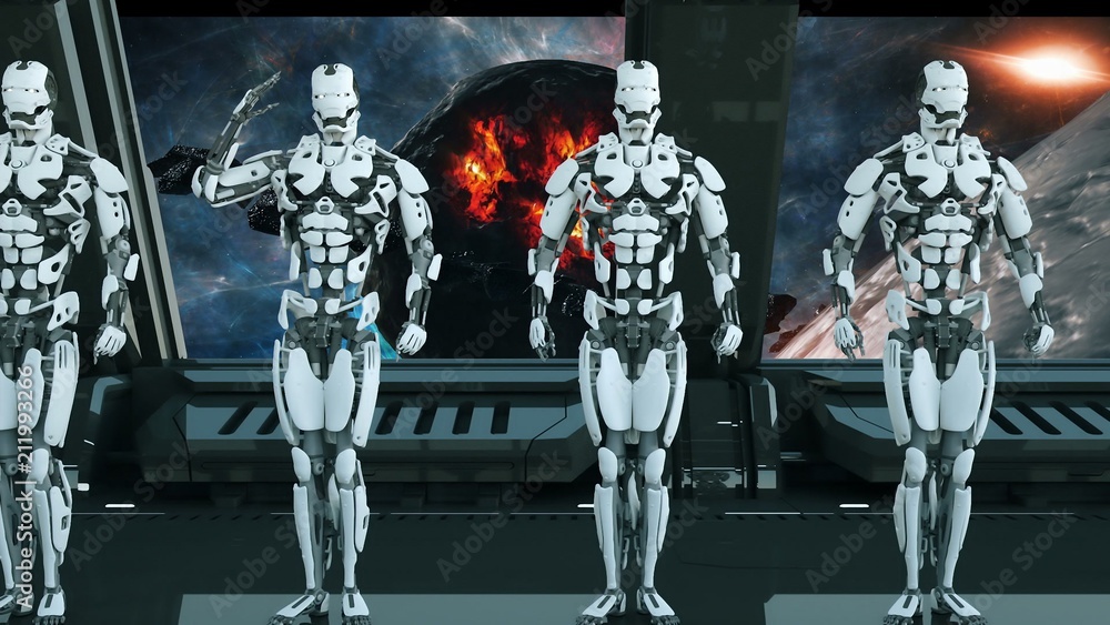 Robots soldiers on a spaceship salute against the background of the ...