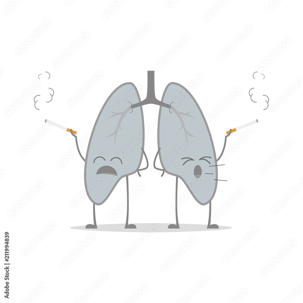 Vector illustration of a sick and sad lungs in cartoon style due to ...