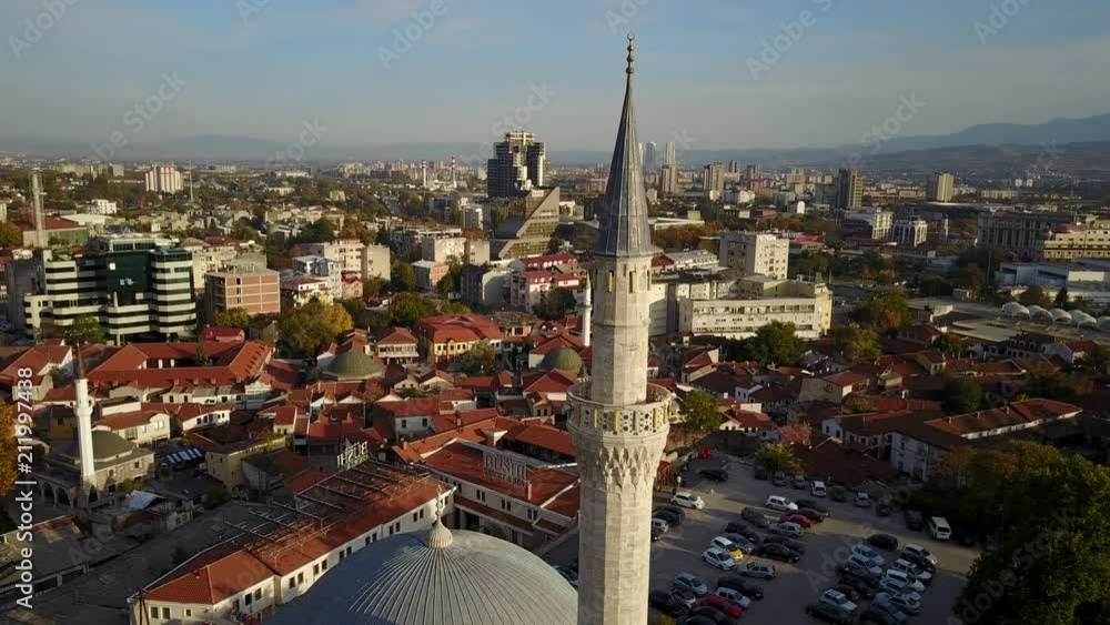 Circling around the minaret of a mosque in Skopje, Islam religion in ...