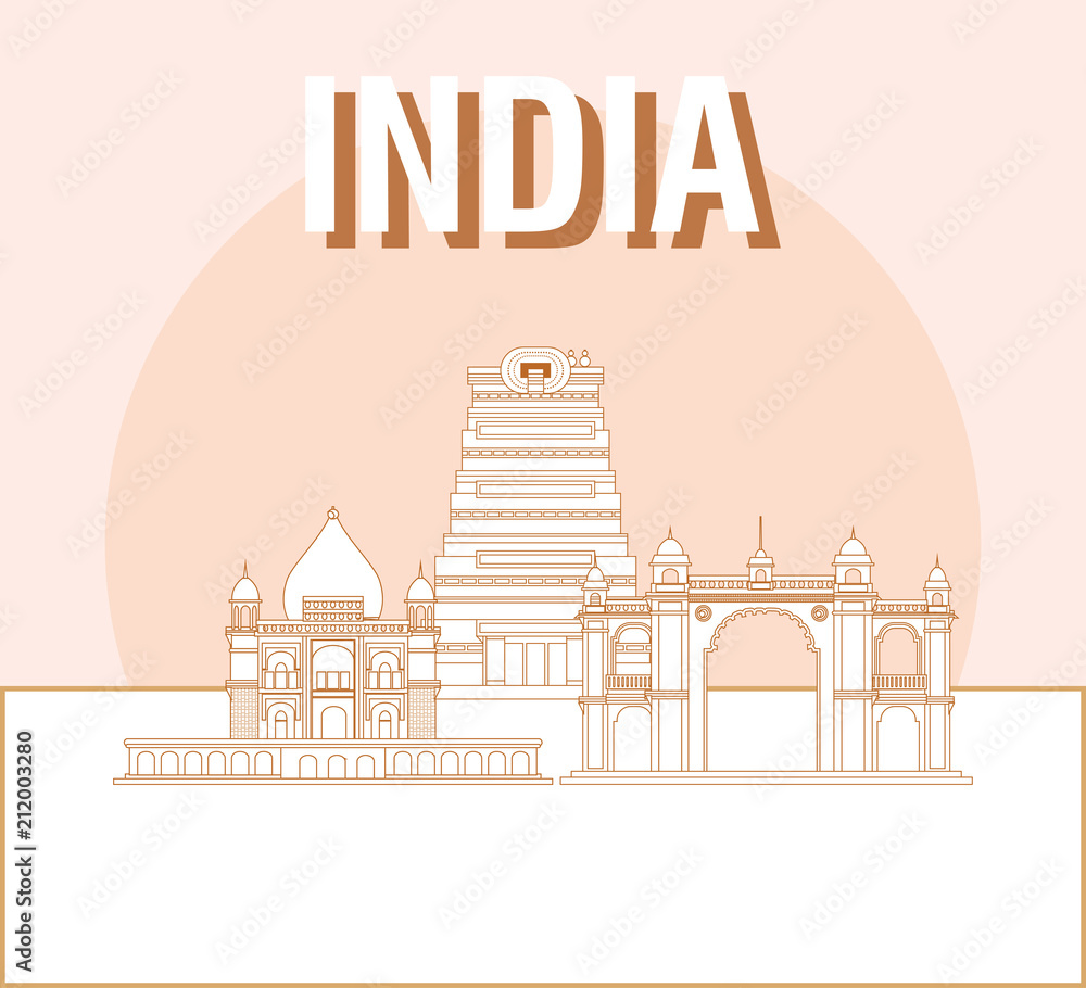 India design with iconics landmarks over orange background, vector ...