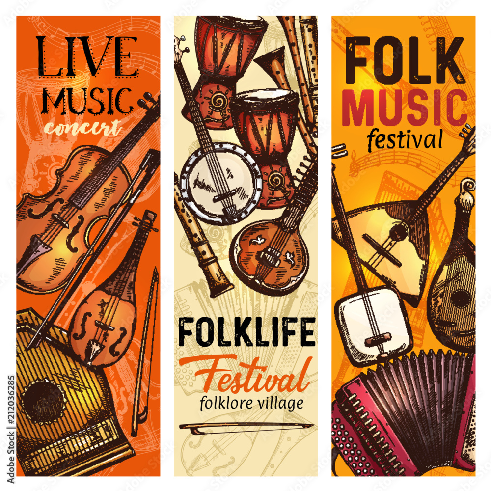 Musical instrument banner of folk music festival Stock Vector | Adobe Stock