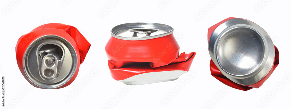 red aluminum can flattened,front,rear view and profile, Stock Photo ...