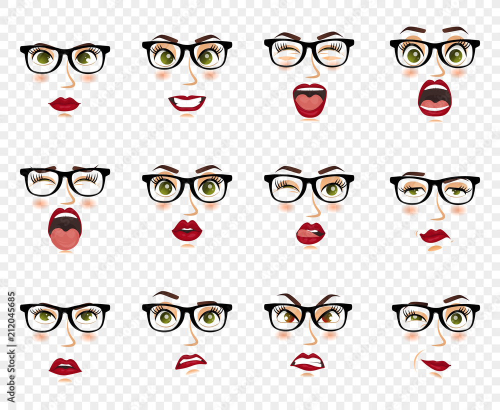 Comic emotions. Woman with glasses facial expressions, gestures ...