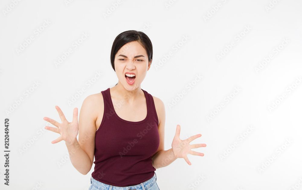 Screaming asian japanese woman with open eyes and open mouth isolated ...