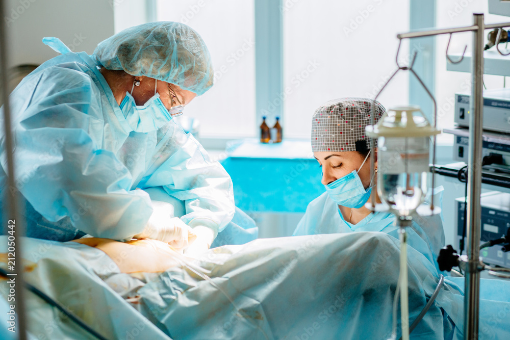 Process of Gynecological surgery operation. Female doctors performing ...
