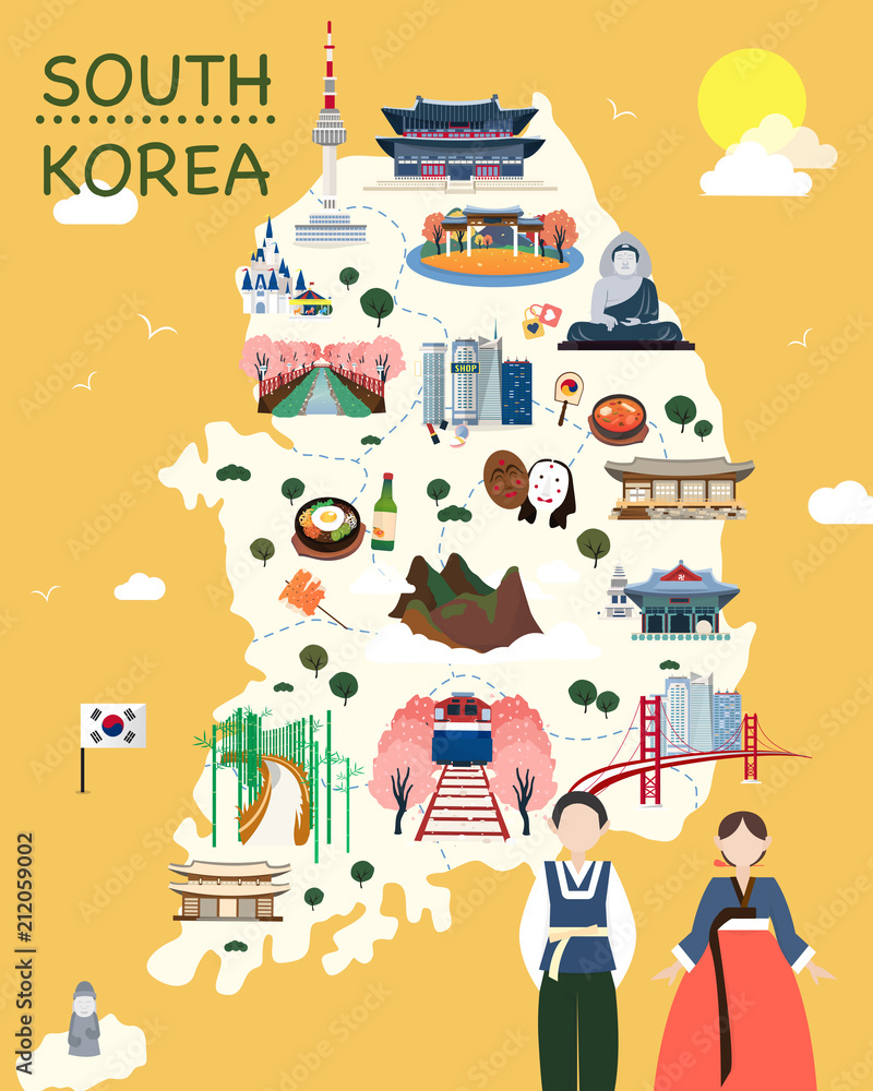 Map Of Korea Attractions Vector And Illustration. Stock Vector | Adobe ...