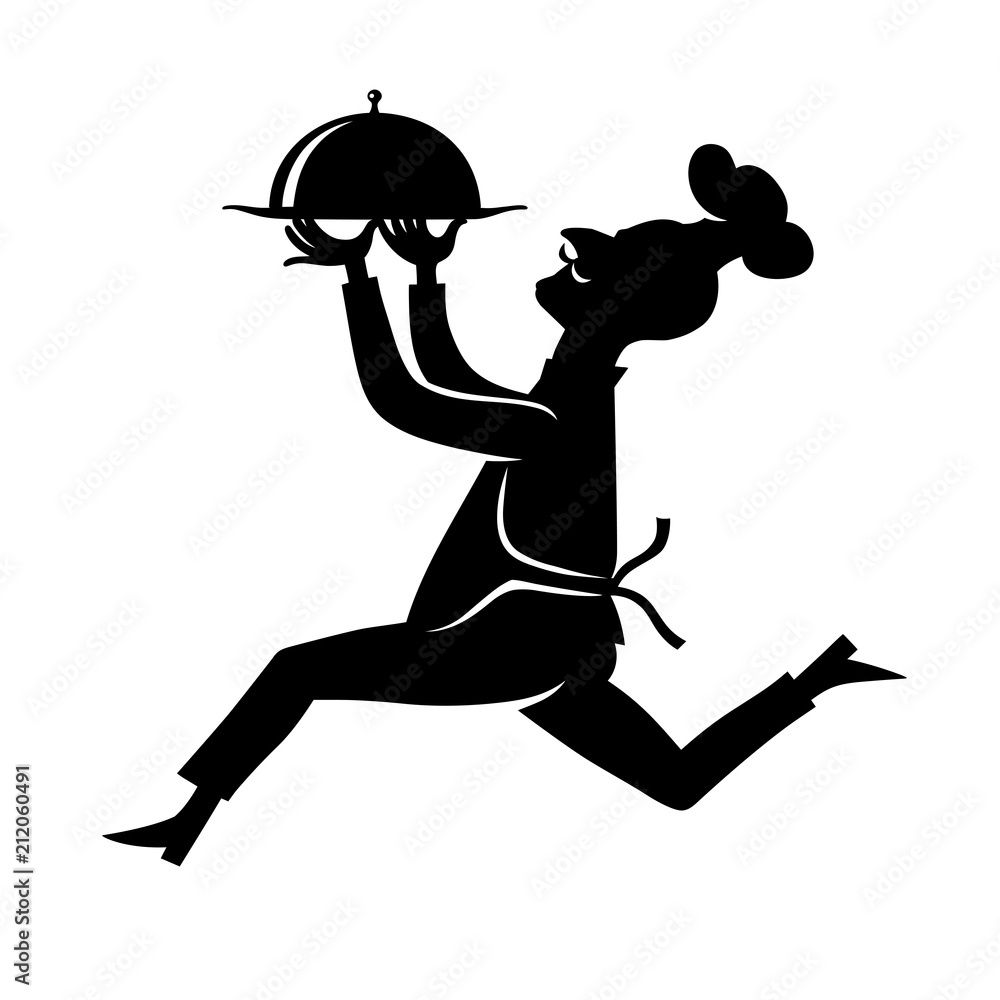 cook_silhouette/Cook runs and is dish. Silhouette chef on white ...