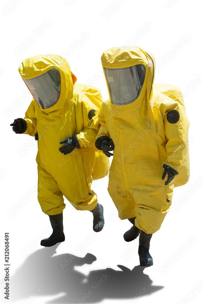 Fireman wear hazmat (hazardous material) suits, isolated in white ...