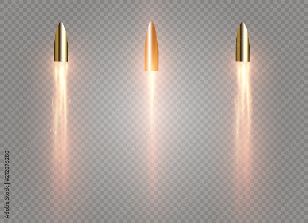 A flying bullet with a fiery trace. Isolated on a transparent ...