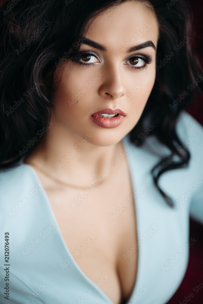 Above View Of Seductive Brunette Woman Wearing In Blue Dress Seductive