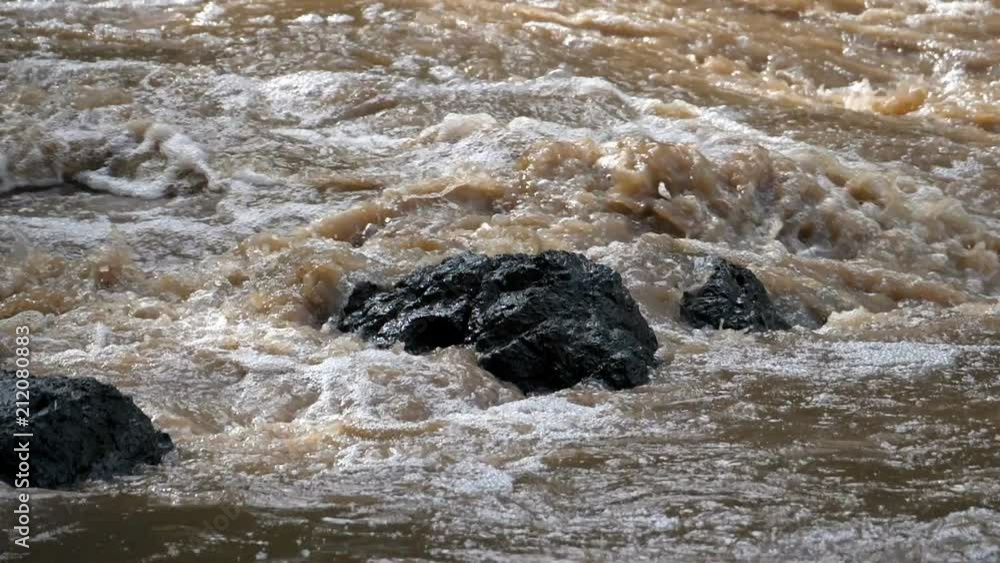 Overflowing river wild waters in slow motion. American Caribbean river ...