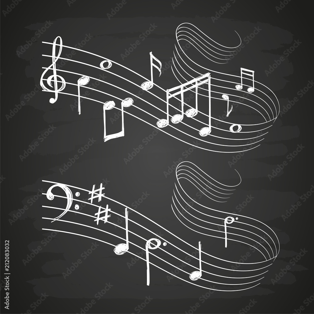 Chalk sketch musical sound wave with music notes on blackboard Stock ...