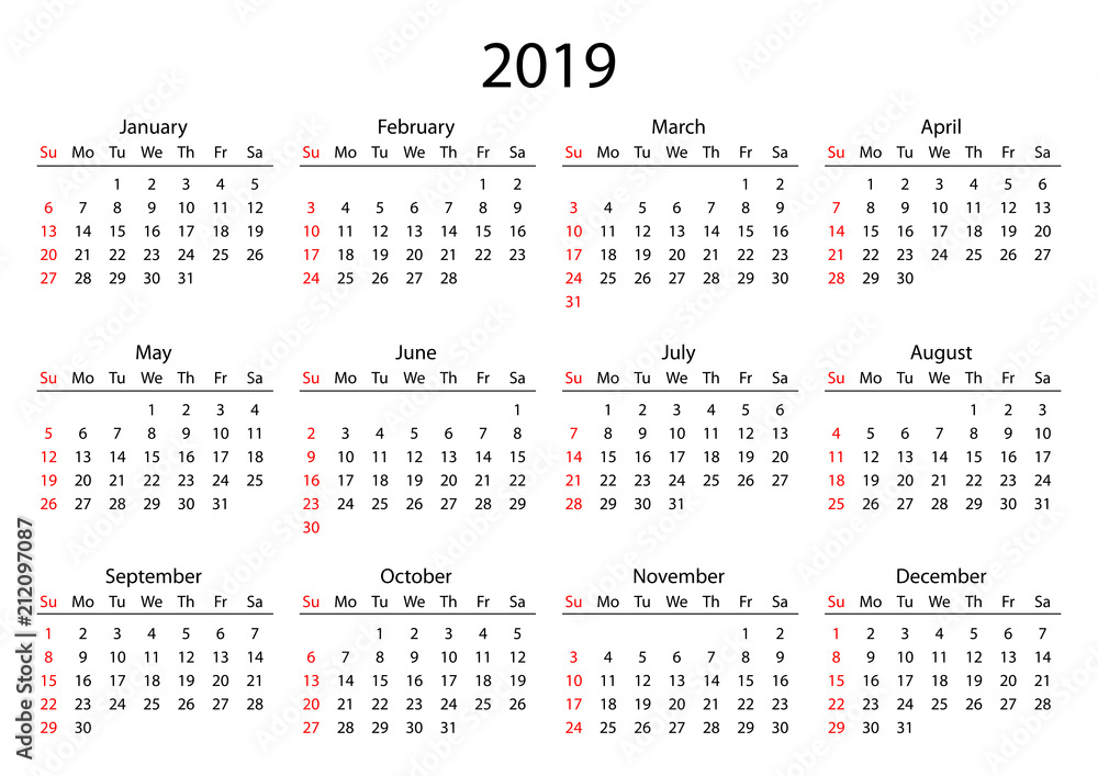 Calendar 2019. Calendar grid 2019 year black on white background. Red ...