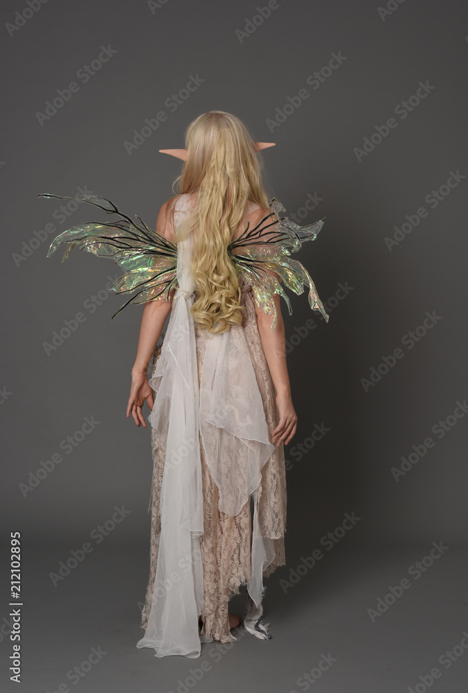 full length portrait blonde girl waring fairy costume, standing pose ...