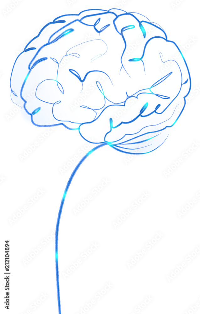 brain activity, line art brain, neurons firing, blue light, thick thin ...