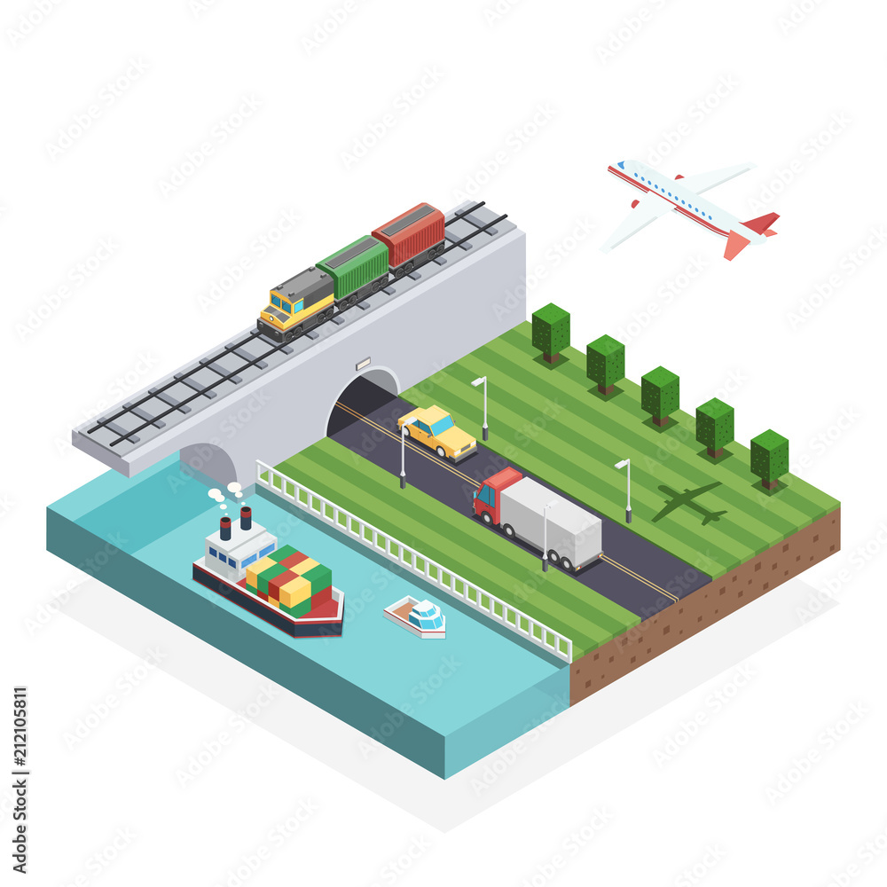 Isometric different transportation vehicles. Delivery and logistics ...