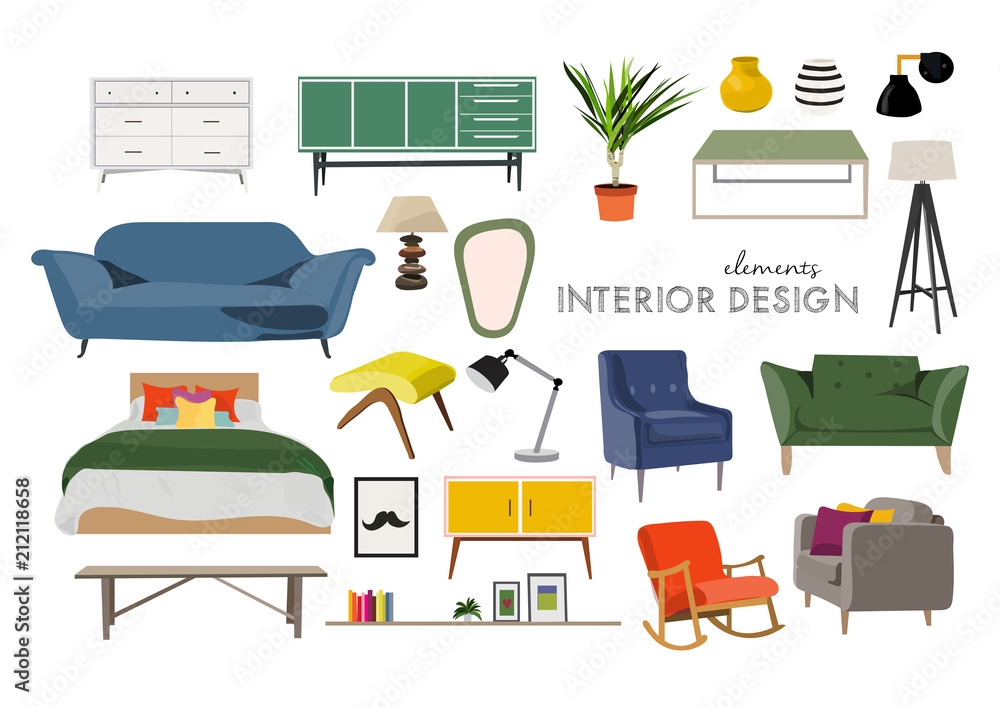 vector interior design illustration. collection set of elements ...