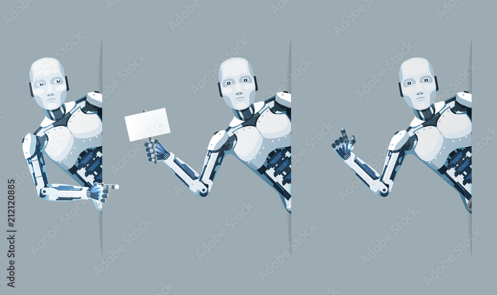 Android robot look out corner poster hand online help technology ...