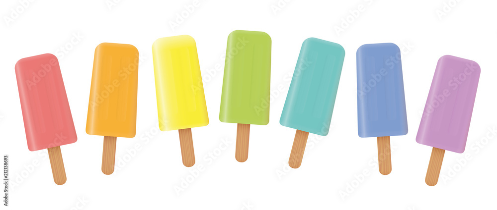 Ice lollys loosely arranged. Rainbow colored fruity collection of seven ...