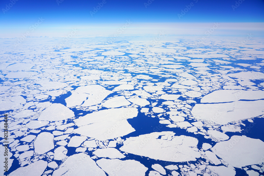Ice floe and icebergs floating in the Davis Strait in the Labrador Sea ...