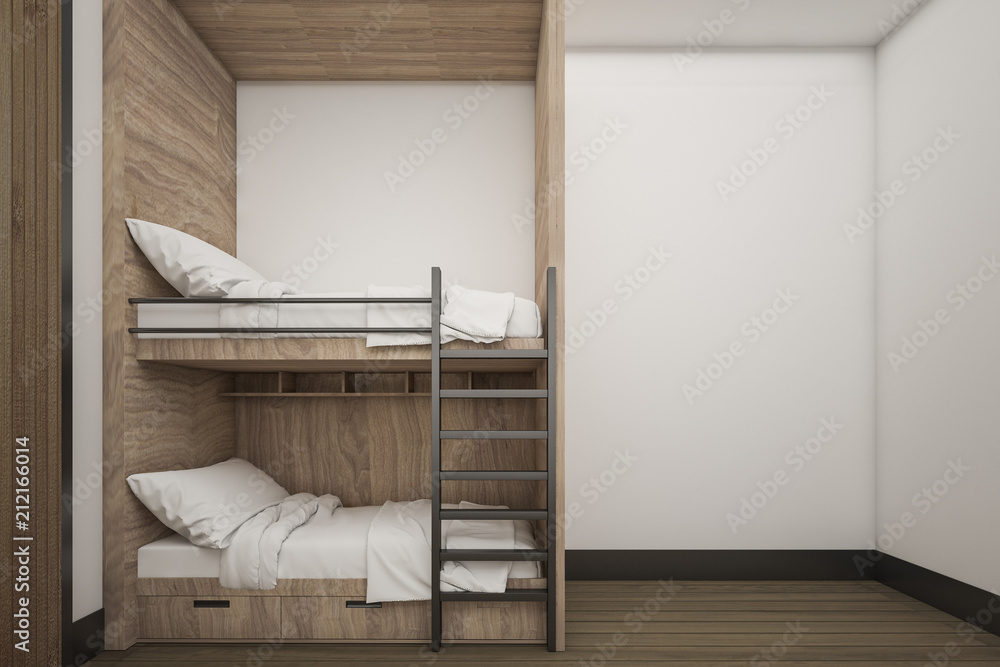 Wooden Bunk bed with mock up white wall , 3d Rendering Stock ...