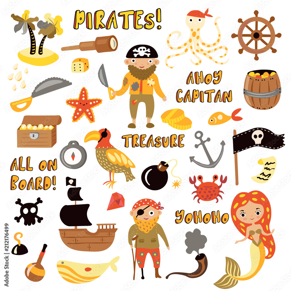 Set of Pirates vector cartoon objects. Adventures and Pirate party for ...