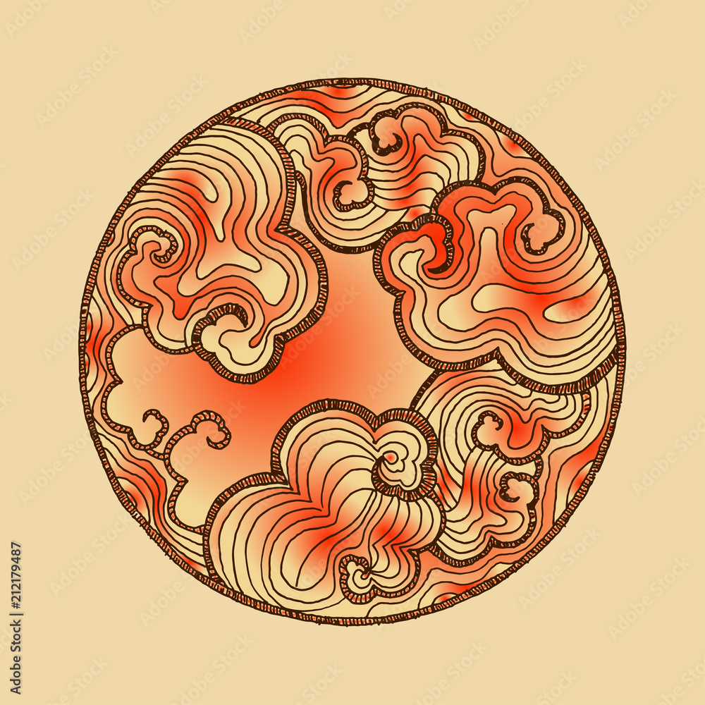 hand drawn asian style circular symbol with clouds in watercolor red ...