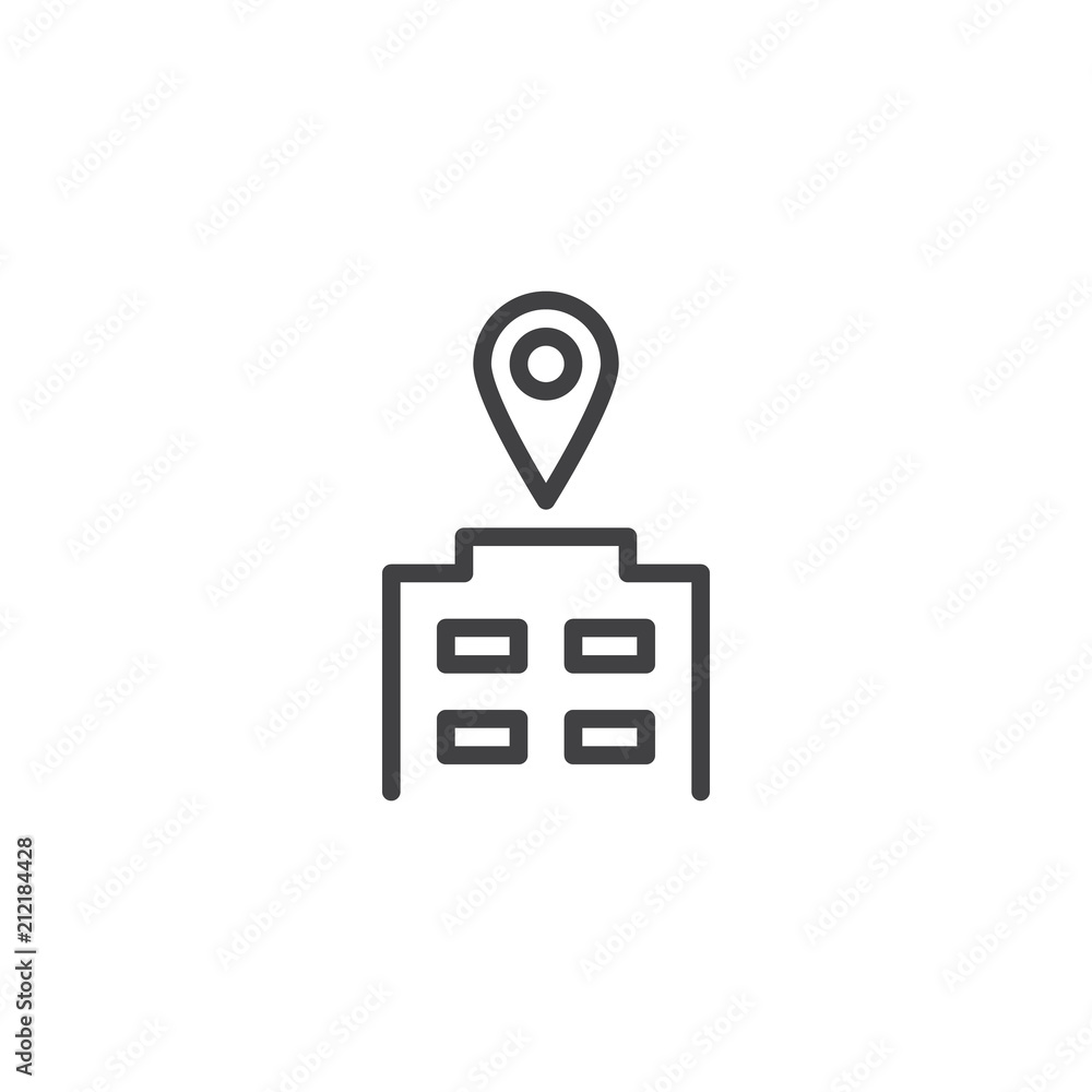 Office building and map pin outline icon. linear style sign for mobile ...