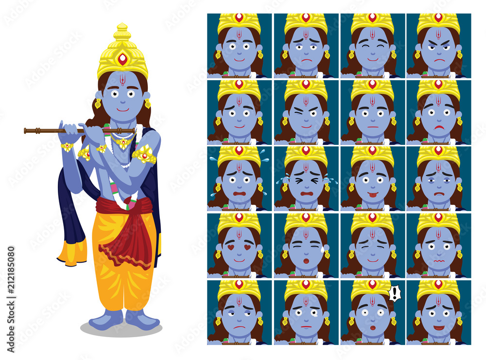 Hindu God Krishna Janmashtami Cartoon Emotion faces Vector Illustration ...