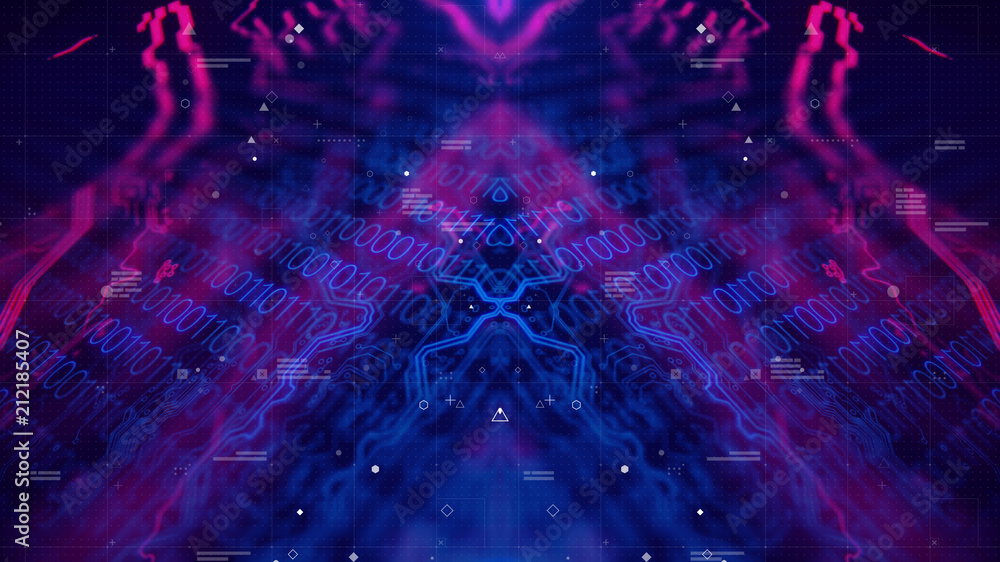 Mirrored pattern. Blue, purple background with digital integrated ...