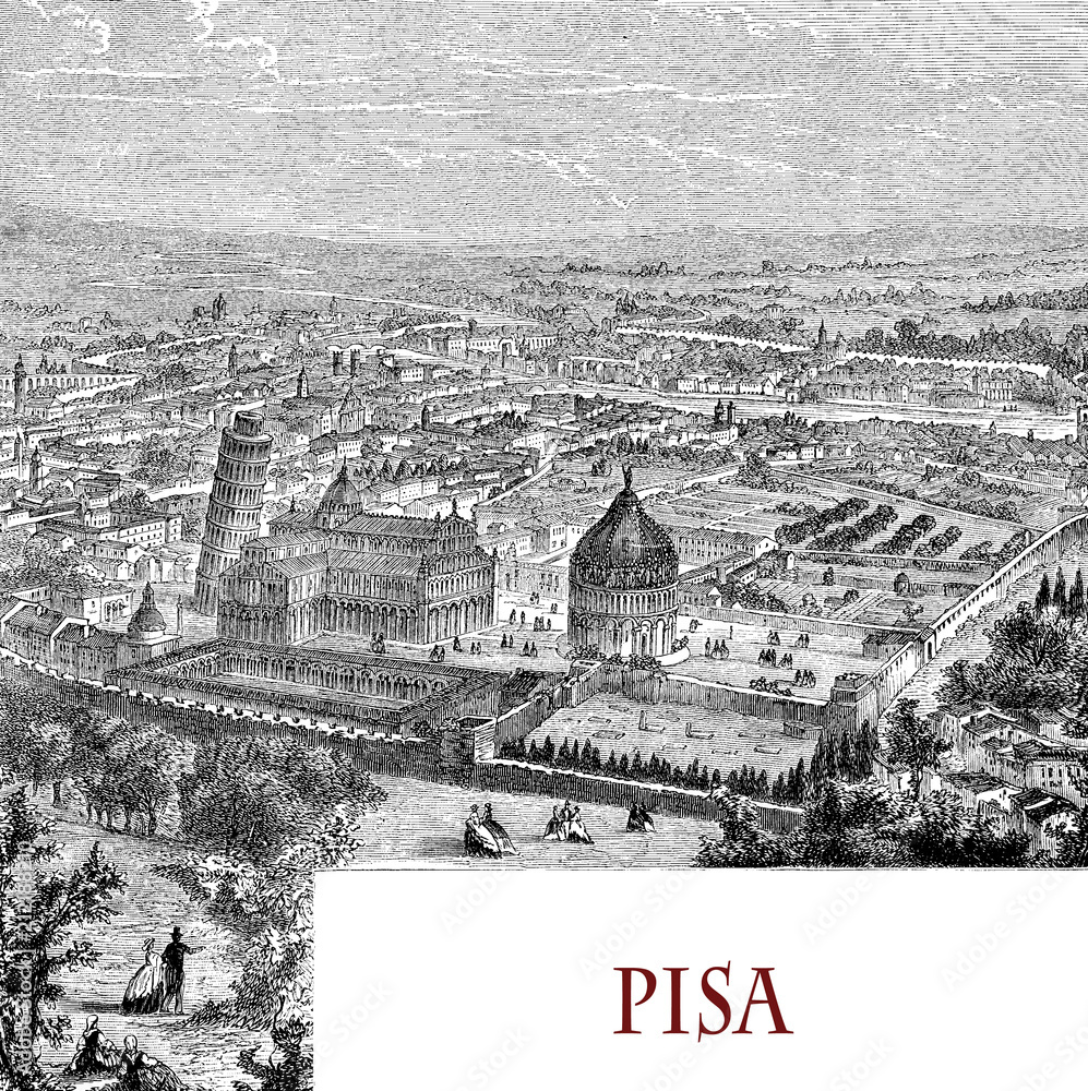 Bird's eye view of Pisa, Italy and the monumental piazza dei Miracoli ...