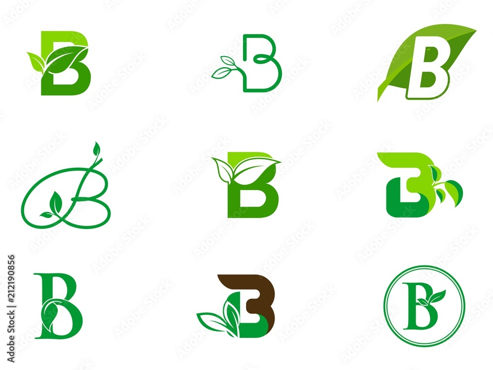 leaf initials B logo set, natural green leaf symbol, initials B icon ...
