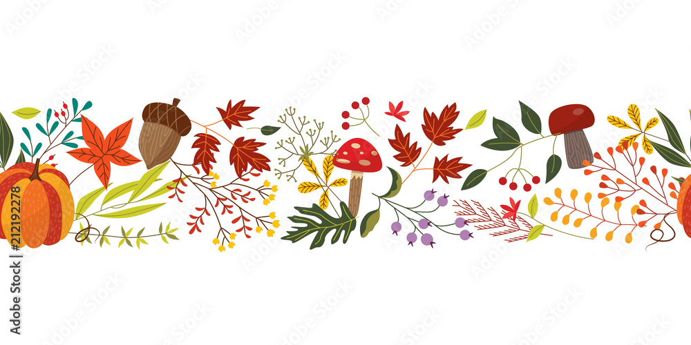 Autumn horizontal banner with fall colorful plants and leaves isolated ...