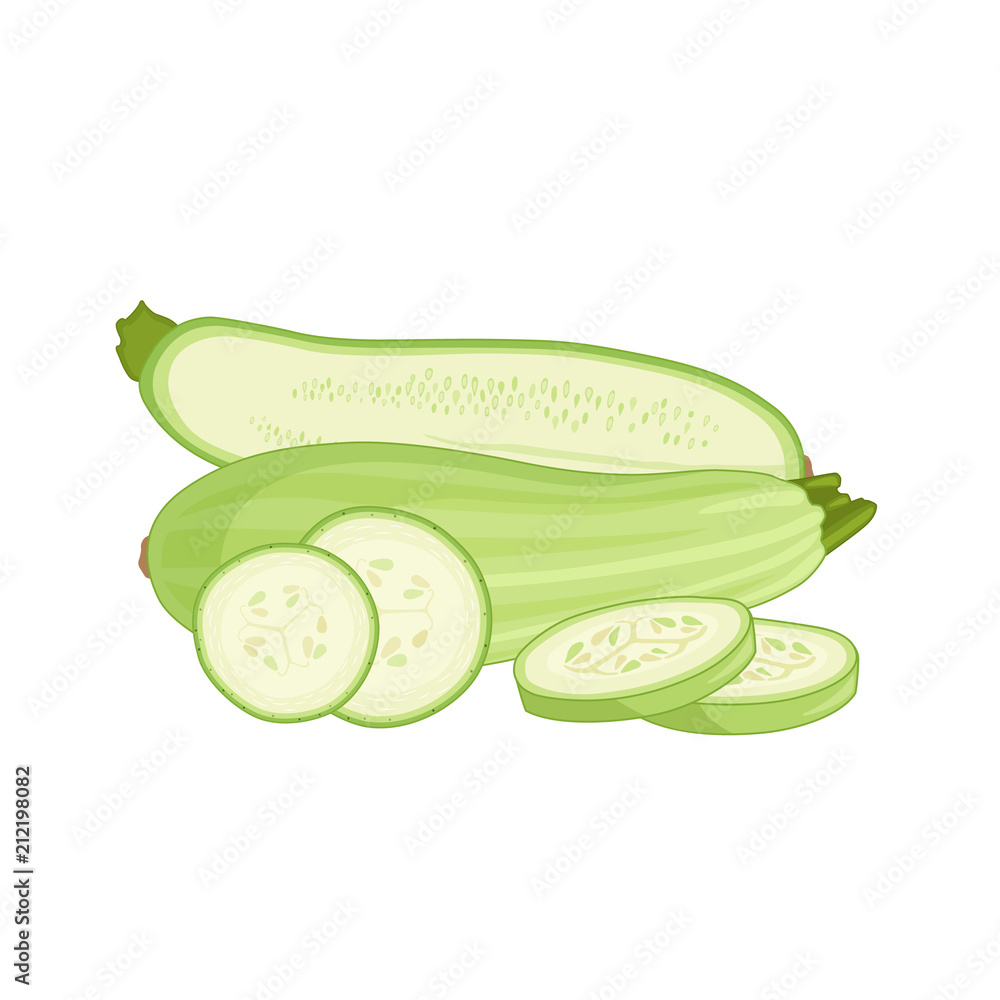 Cartoon zucchini . A composition of whole chopped and half vegetables ...