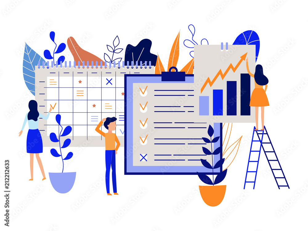 Workflow planning concept with people recording and marking tasks and ...