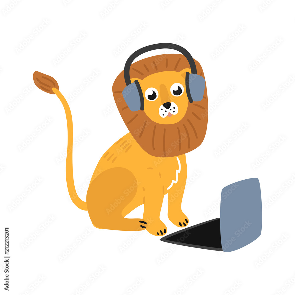 Cheerful lion kid animal sitting behind laptop in headphones. Cute pets ...