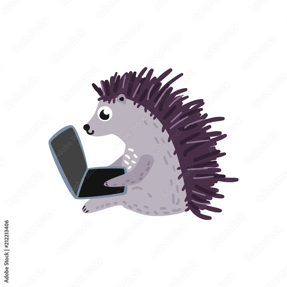 Cheerful hedgehog kid animal sitting typing at laptop lying at his ...