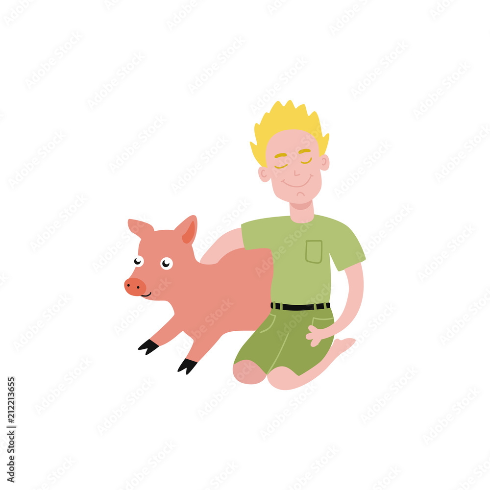 Vetor de Flat teen boy hugging pink pig domestic animal sitting at ...