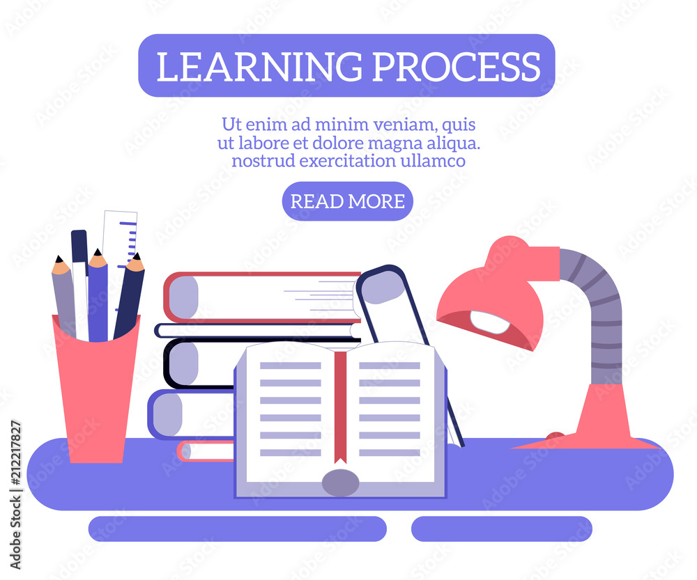 Back to school concept of student table with pile of books and chancery ...