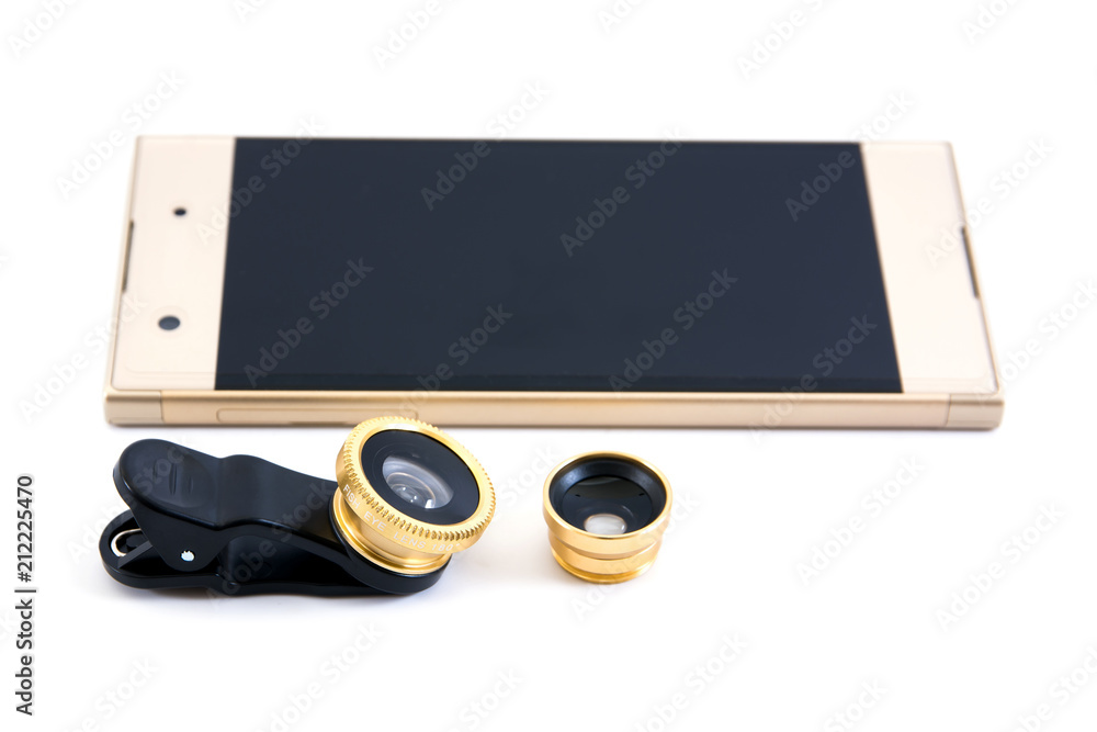 Gold smart phone with lens isolated on white background.Golden mobile ...