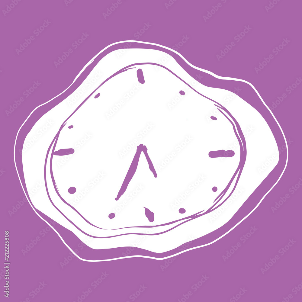 Vector drawing of a white melting clock on purple background ...