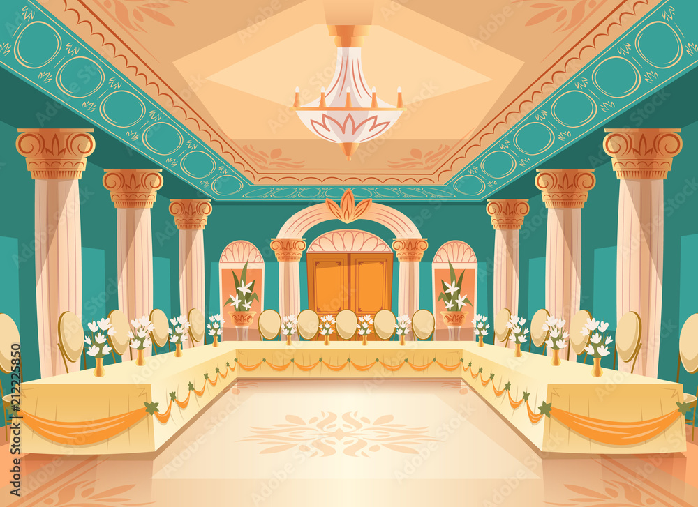 Vector hall for banquet, wedding. Interior of ballroom with tables ...