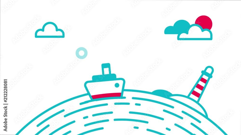 Cartoon ship sails on the sea with the whales, small plane flying ...