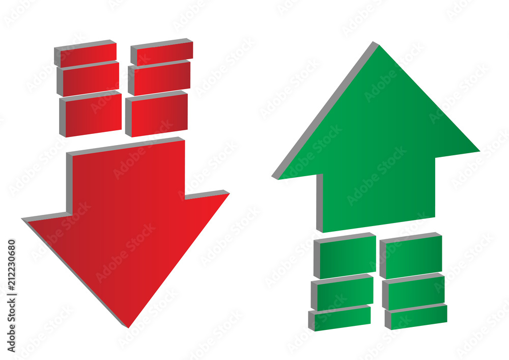 Up and down arrows. Upward, downward arrows with dividing ends in green ...