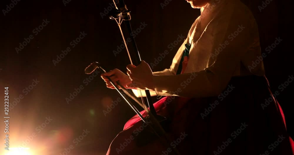 Korean female musician playing the Haegeum which is the Korean ...