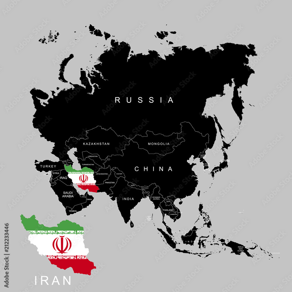Territory of Iran on Asia continent. Flag of Iran. Vector illustration ...
