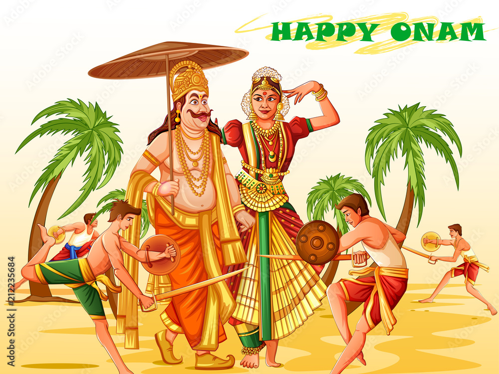 Happy Onam festival background of Kerala in Indian art style Stock ...